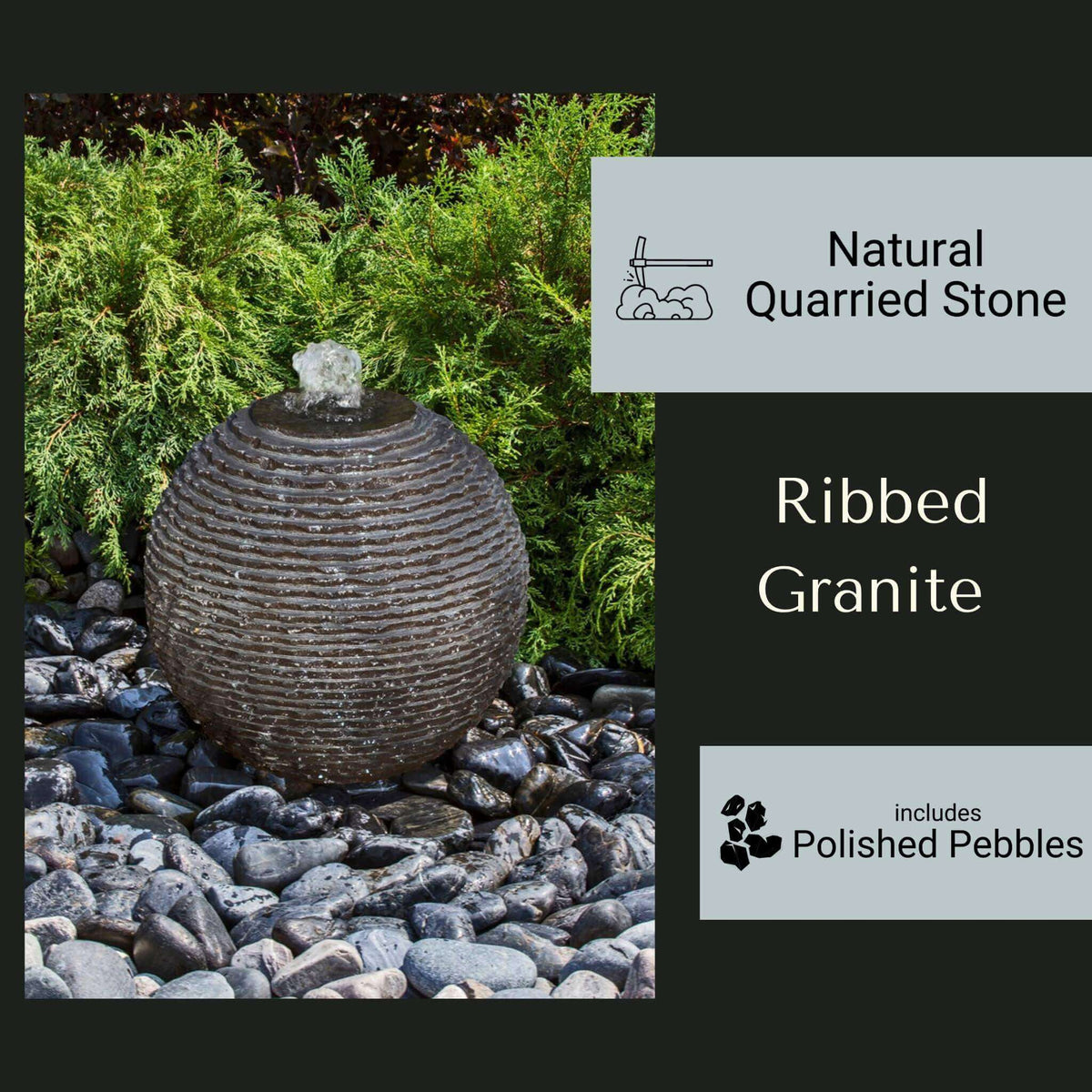 Black Ribbed Granite Sphere Fountain Kit - Blue Thumb